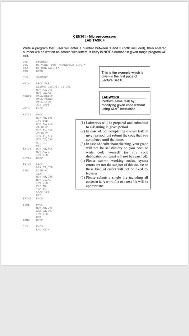 Solved CEN301 - Microprocessors LAB TASK 4 Write a program | Chegg.com