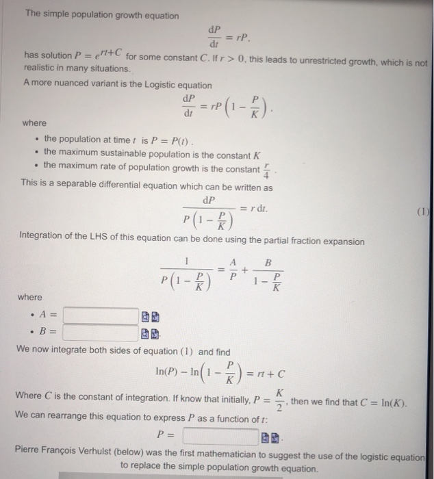 Solved The simple population growth equation dP dr has | Chegg.com