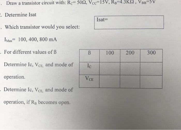 Solved . Draw a transistor circuit with: Rc 502, Vcc-15V, RB | Chegg.com