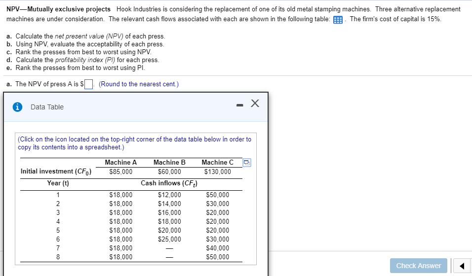 Solved NPV-Mutually exclusive projects Hook Industries is | Chegg.com