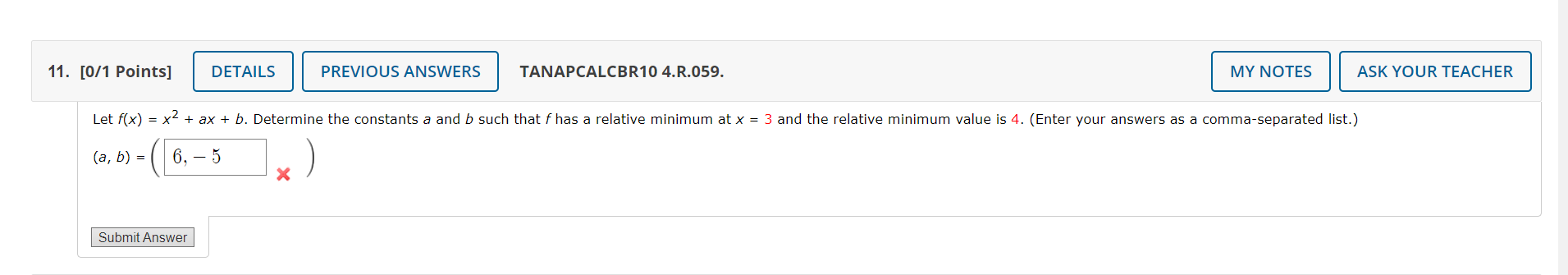 Solved [0/1 Points] TANAPCALCBR10 4.R.059. Let f(x)=x2+ax+b. | Chegg.com