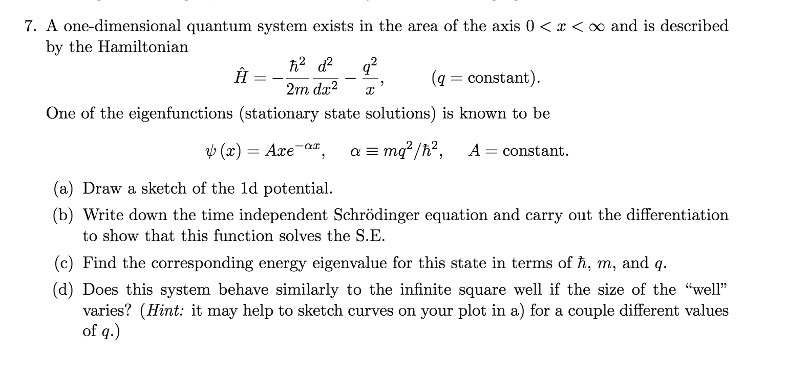 Solved > 7. A one-dimensional quantum system exists in the | Chegg.com