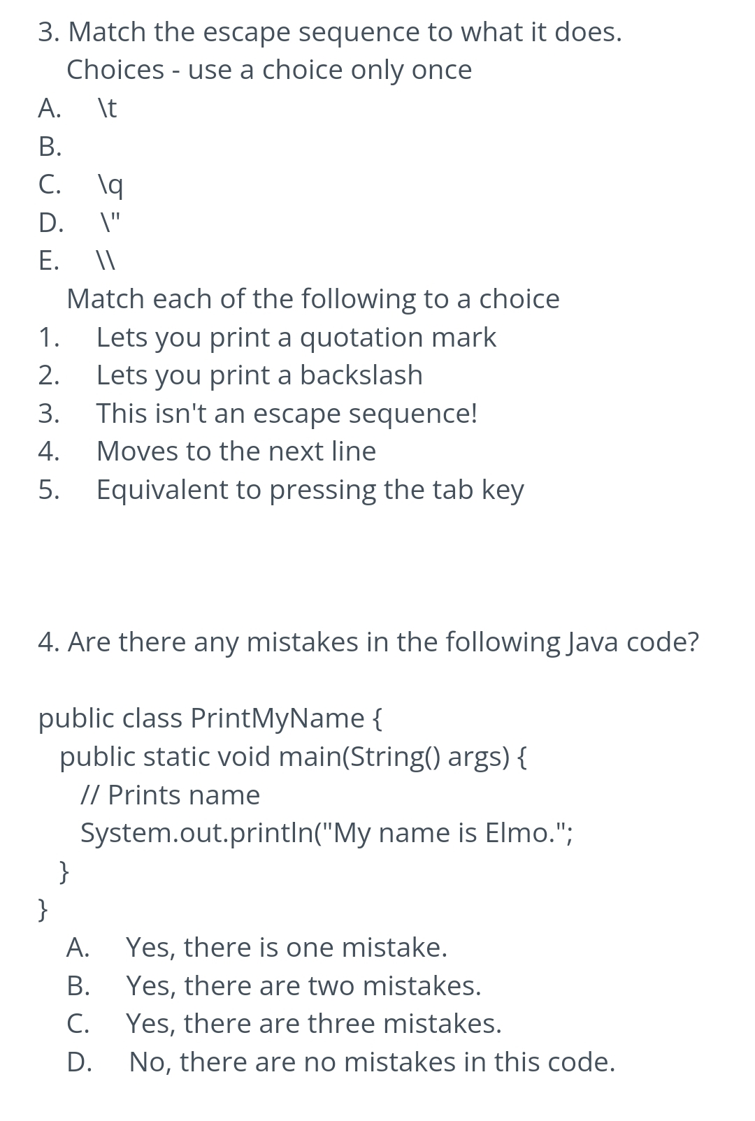 Solved Match the escape sequence to what it does.Choices - | Chegg.com