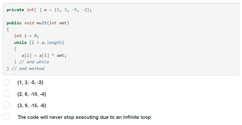 Solved private int [ ] a={1,3,−5,−2}; public void mult(int | Chegg.com