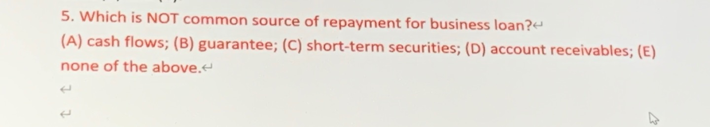 Solved 5. Which is NOT common source of repayment for | Chegg.com