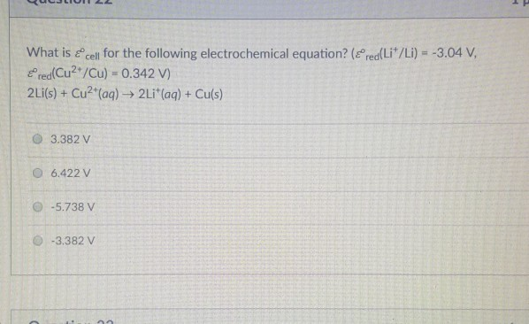 Solved What is e cell for the following electrochemical | Chegg.com