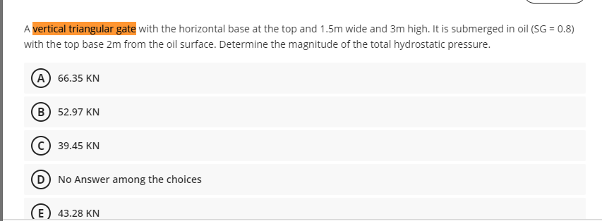 Solved A vertical triangular gate with the horizontal base | Chegg.com