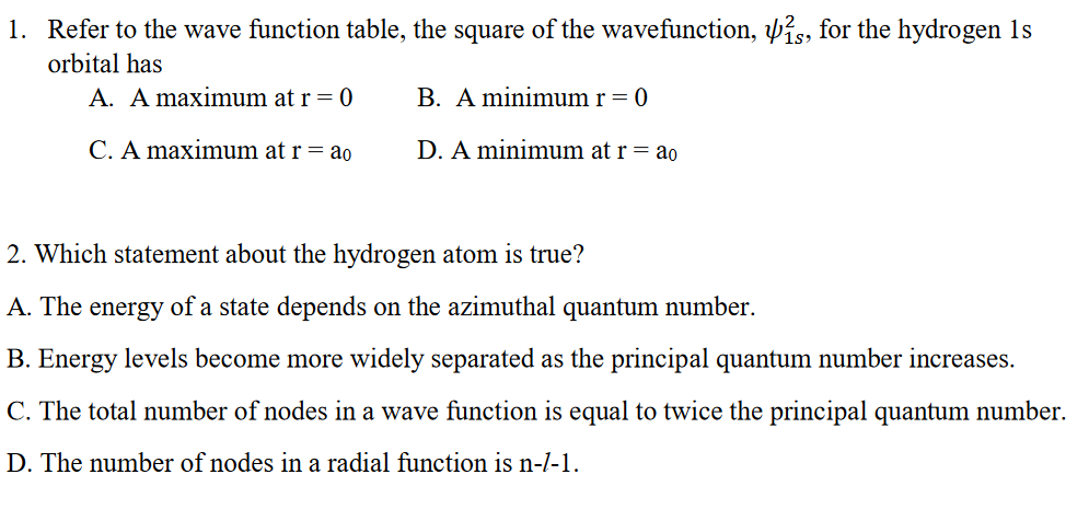 1. Refer to the wave function table, the square of | Chegg.com