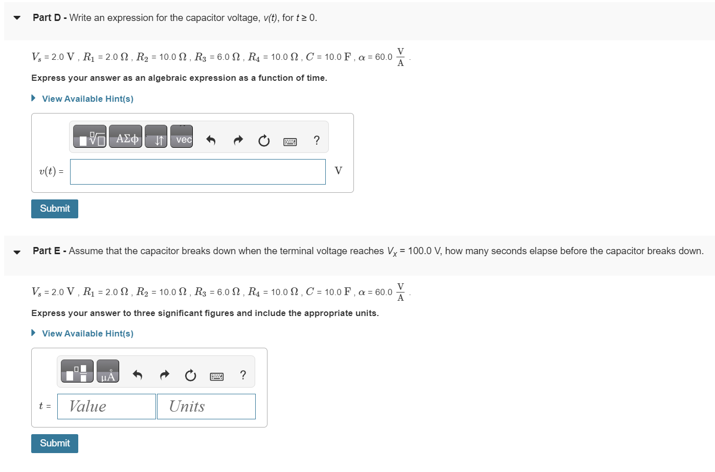 Solved Part A - Find the initial voltage across the | Chegg.com