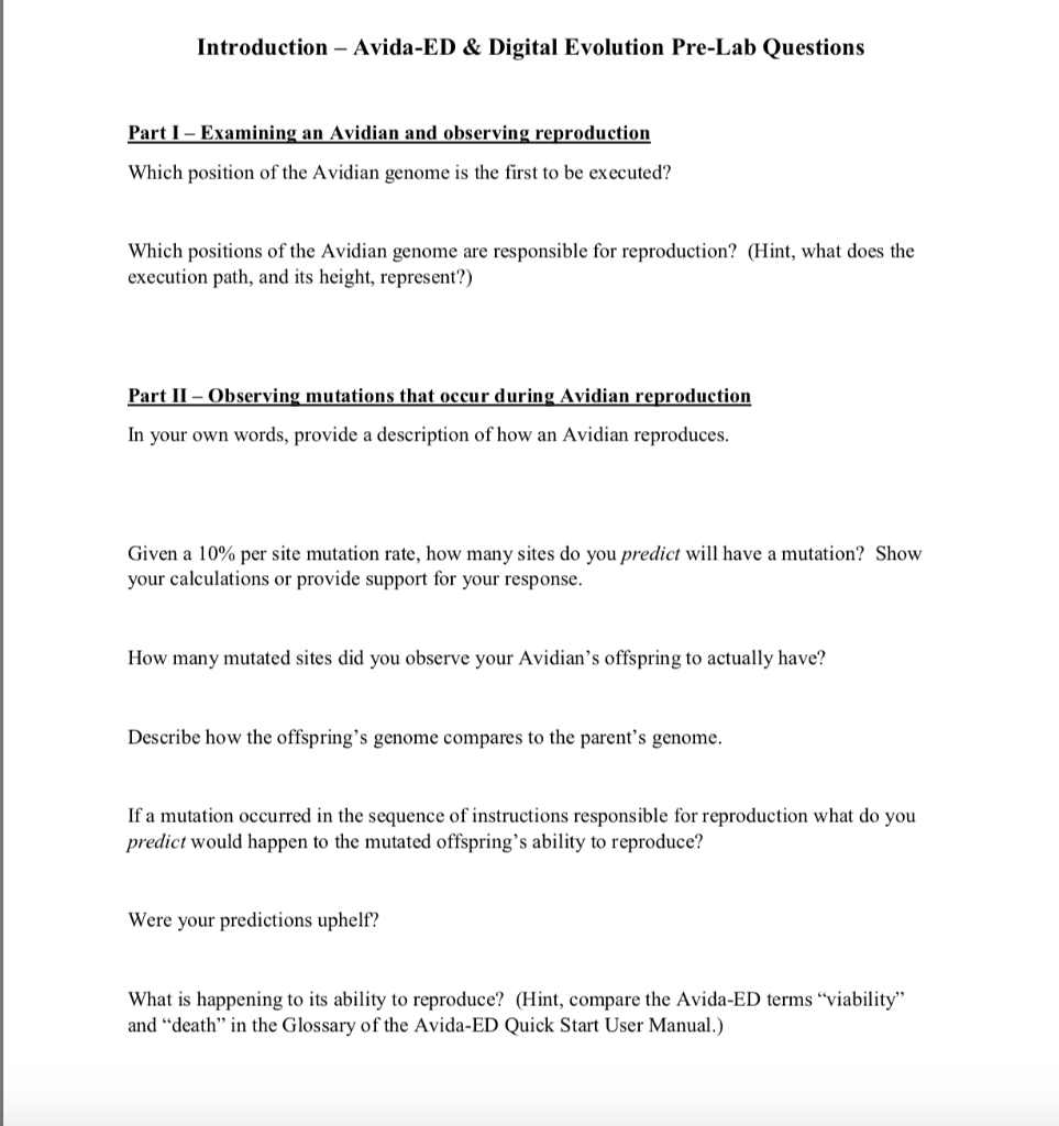 Solved Introduction - Avida-ED & Digital Evolution Pre-Lab | Chegg.com