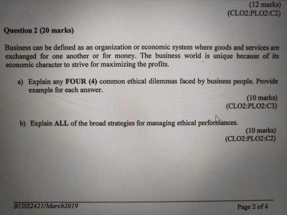 Solved (12 marks) (CLO2:PLO2:C2) Question 2 (20 marks) | Chegg.com