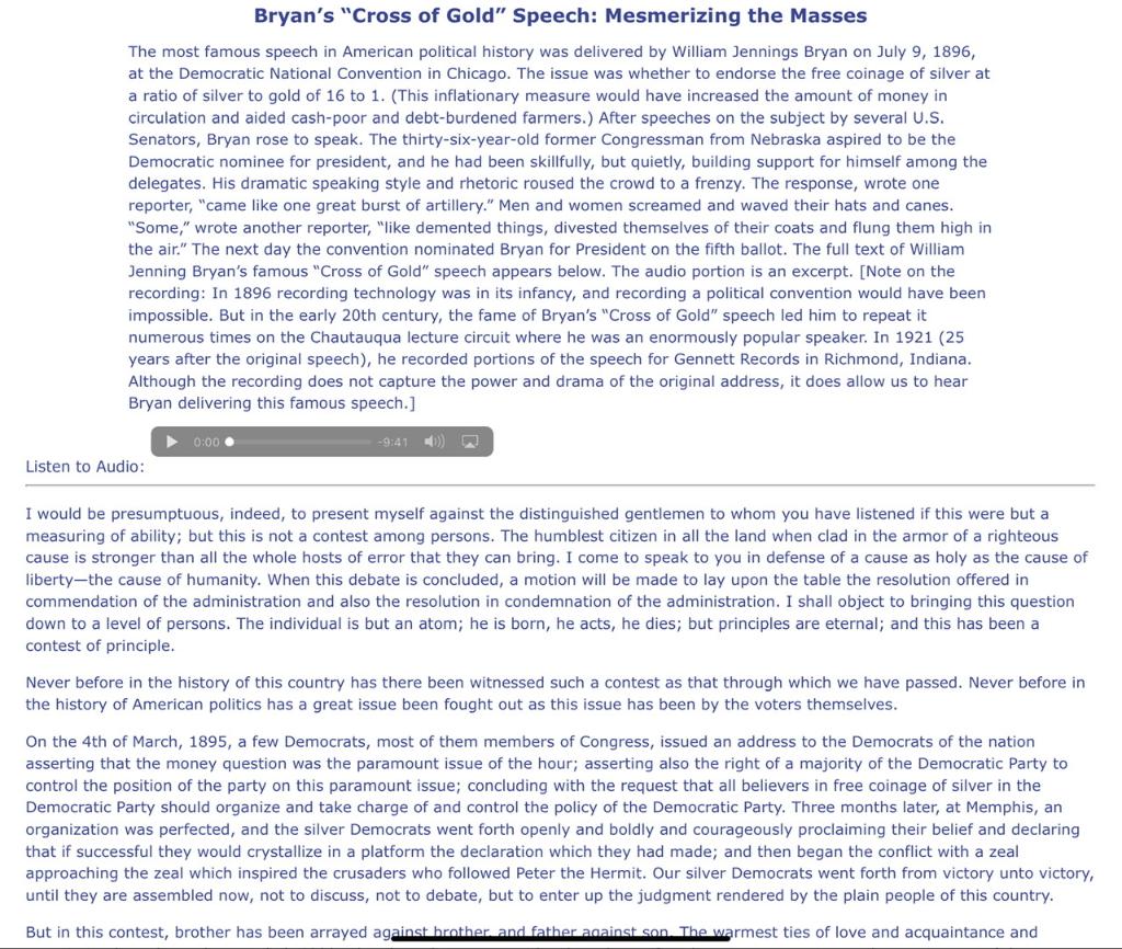 Bryan's "Cross of Gold" Speech: Mesmerizing the | Chegg.com