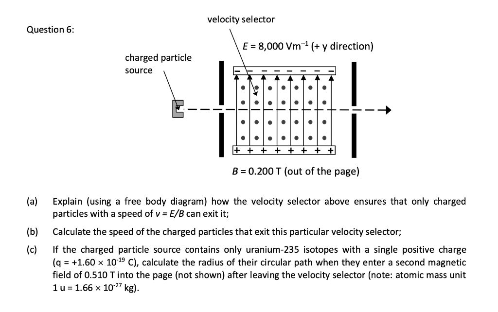 Solved velocity selector Question 6: E = 8,000 Vm-1 (+ y | Chegg.com