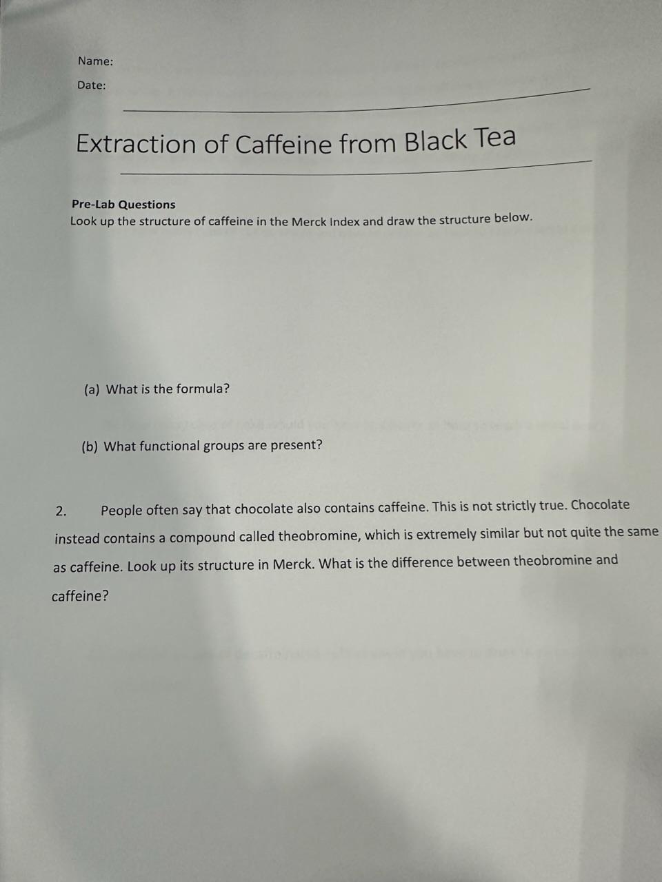 Solved Extraction of Caffeine from Black Tea Pre-Lab | Chegg.com