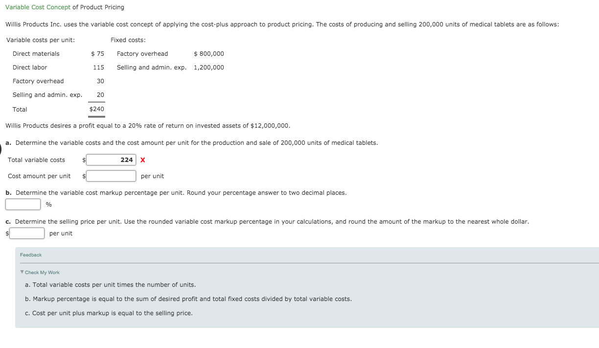 Solved Variable Cost Concept of Product Pricing Willis | Chegg.com