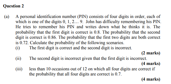 Solved Question 2 (a) A personal identification number (PIN) | Chegg.com
