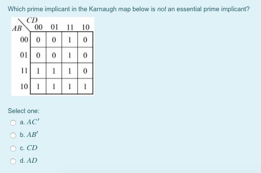 Solved Which prime implicant in the Karnaugh map below is | Chegg.com