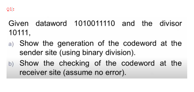 Solved Q1 Given Dataword 1010011110 And The Divisor 10111