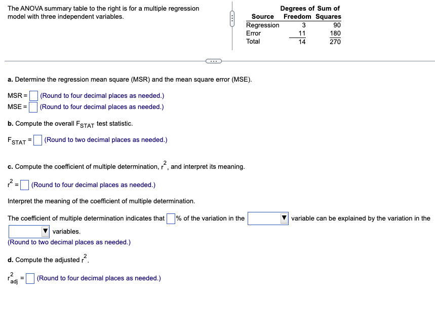 Solved a. ﻿Determine the regression mean square (MSR) ﻿and | Chegg.com