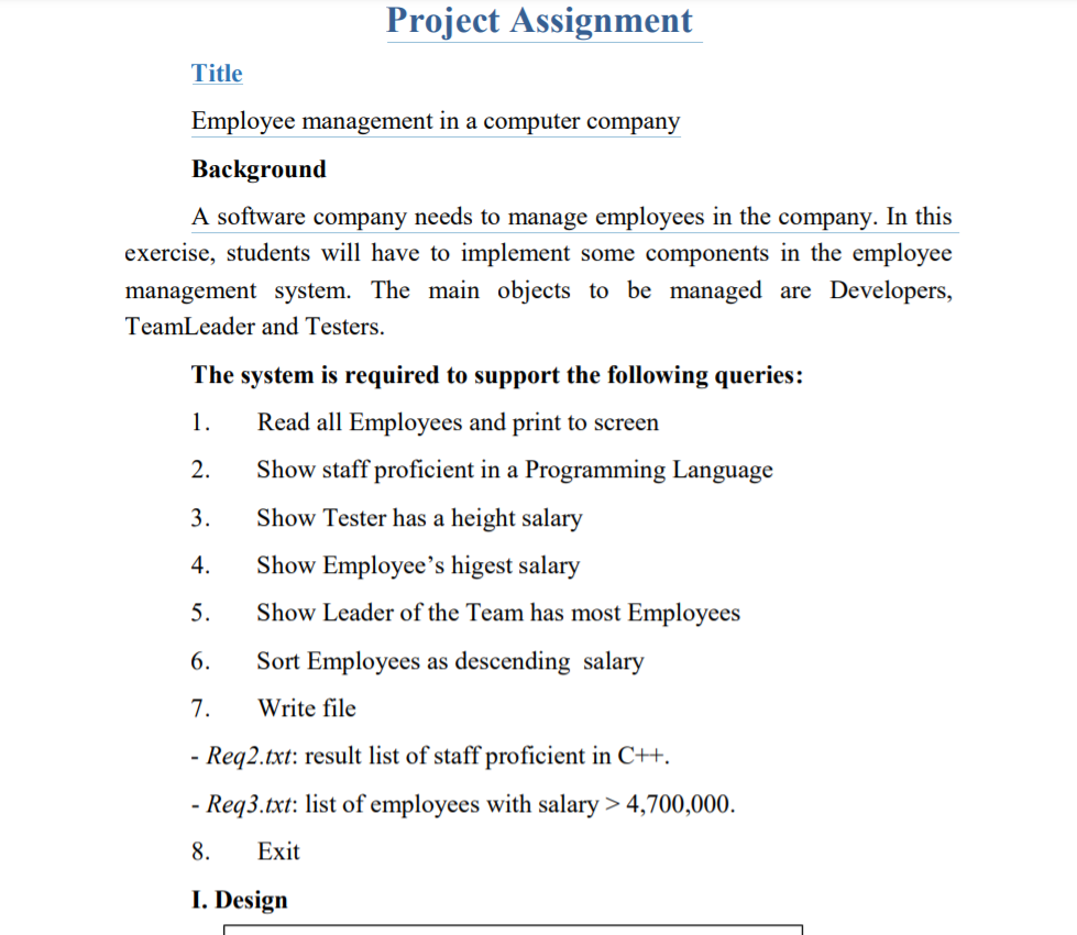 Solved Project Assignment Title Employee management in a | Chegg.com