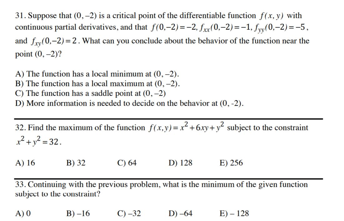 Solved 31. Suppose that (0,-2) is a critical point of the | Chegg.com