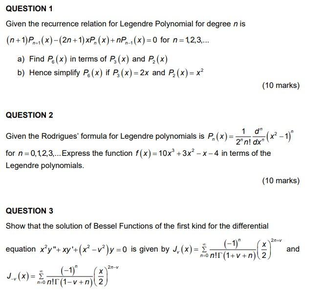 Solved QUESTION 1 Given the recurrence relation for Legendre | Chegg.com
