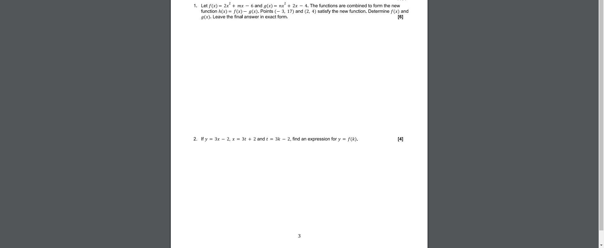 Solved 1. Let f(x)=2x2+mx−6 and g(x)=nx2+2x−4. The functions | Chegg.com