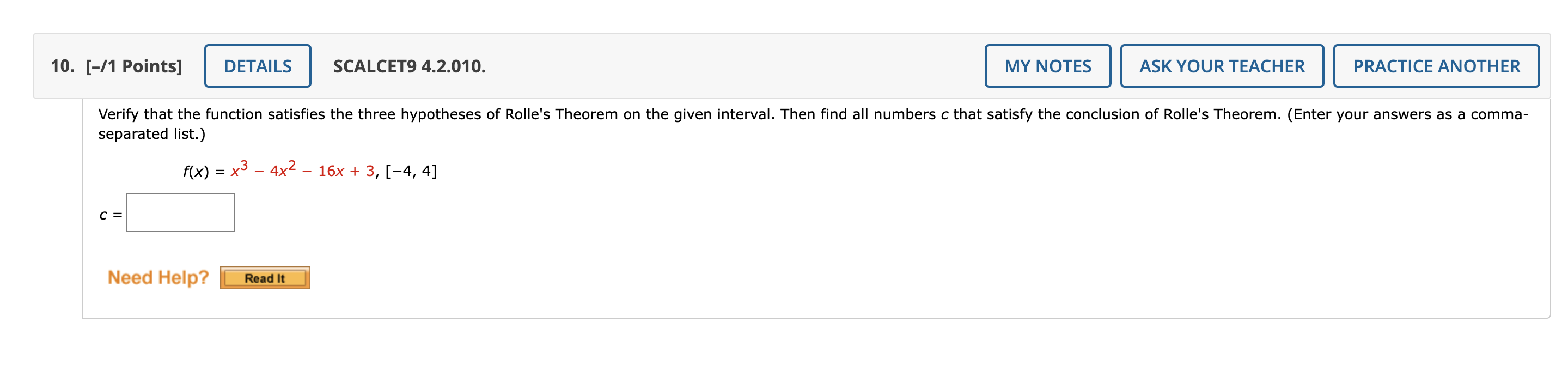 Solved 10. [-/1 Points] C = DETAILS Need Help? SCALCET9 | Chegg.com