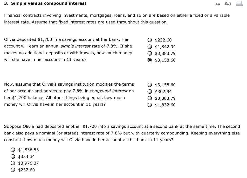 Solved 3. Simple versus compound interest Aa Aa Financial | Chegg.com