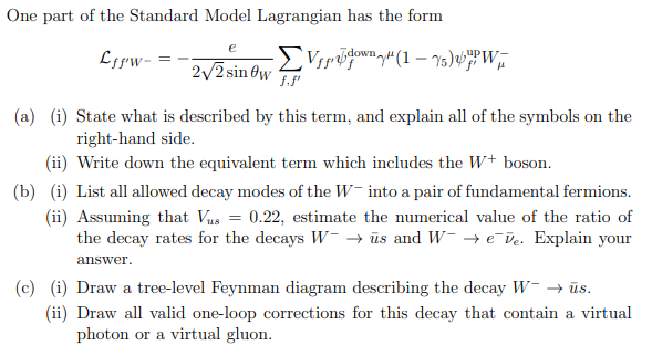 One part of the Standard Model Lagrangian has the | Chegg.com