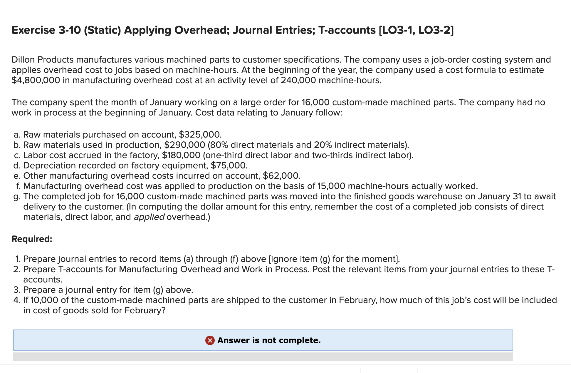 Solved Exercise 3-10 (Static) Applying Overhead; Journal | Chegg.com