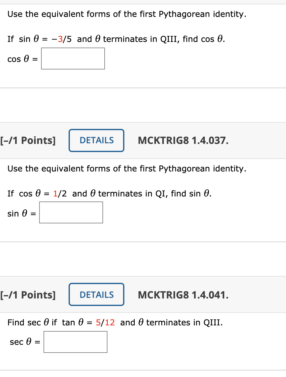 Solved Use the equivalent forms of the first Pythagorean | Chegg.com