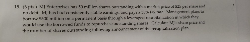 Solved 15. (6 pts.) MJ Enterprises has 50 million shares | Chegg.com