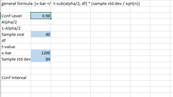 Solved general formula: [x-bar +/- t-sub(alpha/2,df)*(sample | Chegg.com