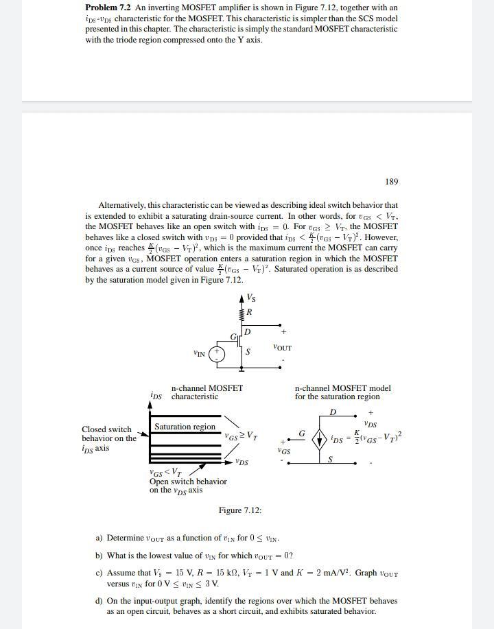 Solved Problem 7.2 An inverting MOSFET amplifier is shown in | Chegg.com