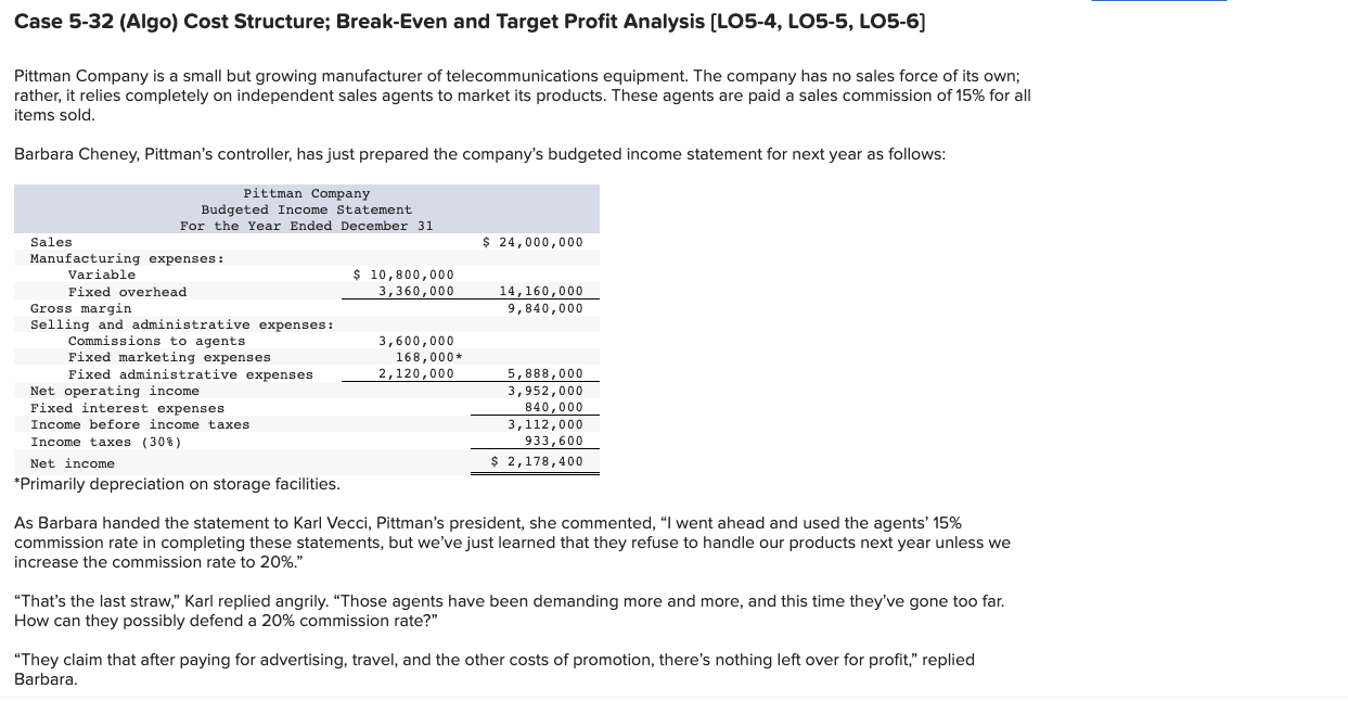 Solved Case 5-32 (Algo) Cost Structure; Break-Even and | Chegg.com