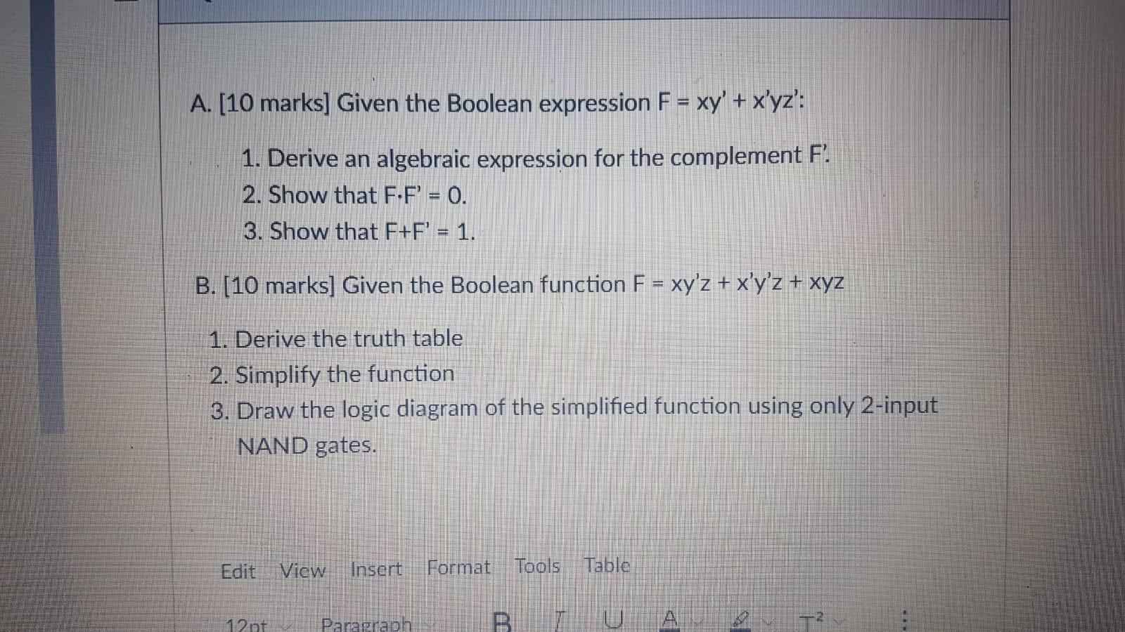 Solved A. [10 marks] Given the Boolean expression F = xy' + | Chegg.com