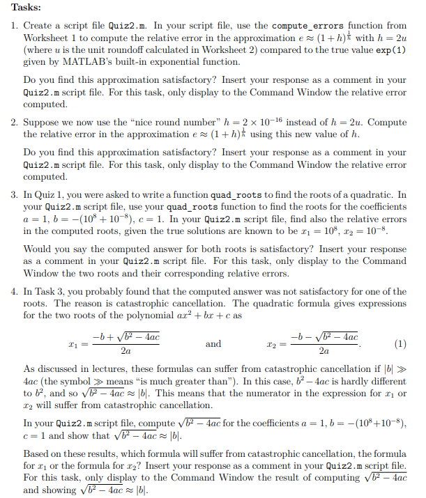 Tasks: 1. Create a script file Quiz2.m. In your | Chegg.com