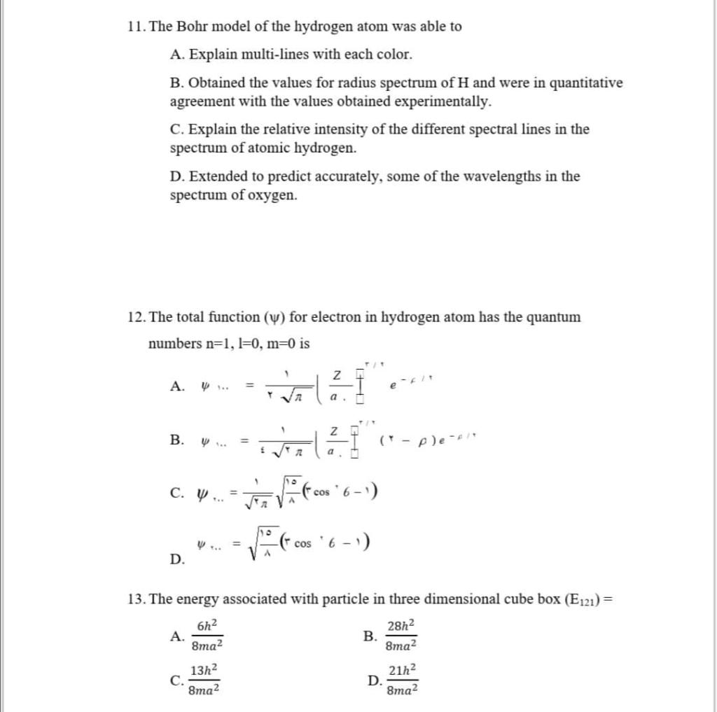 Solved 11. The Bohr model of the hydrogen atom was able to | Chegg.com