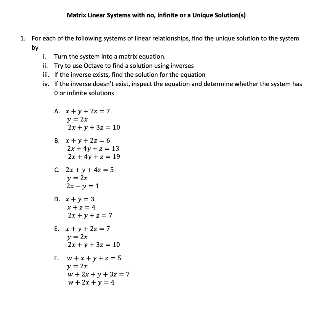 Solved Matrix Linear Systems with no, infinite or a Unique | Chegg.com