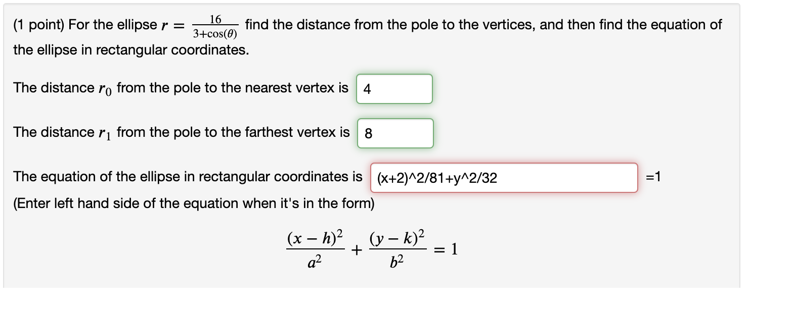 Solved 16 (1 point) For the ellipse r = find the distance | Chegg.com