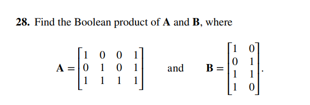 Solved 28. Find the Boolean product of A and B, where | Chegg.com