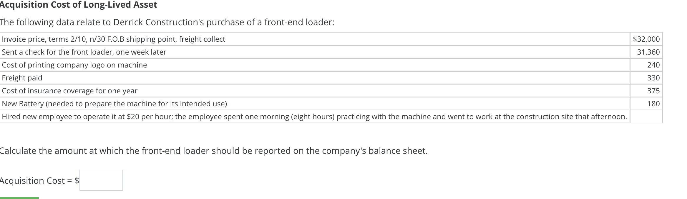 Solved Acquisition Cost of Long-Lived Asset The following | Chegg.com