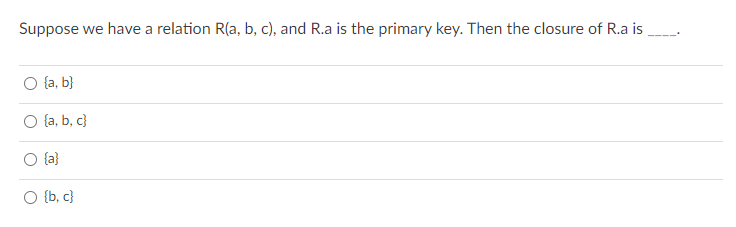Solved Suppose we have a relation R(a,b,c), and R.a is the | Chegg.com