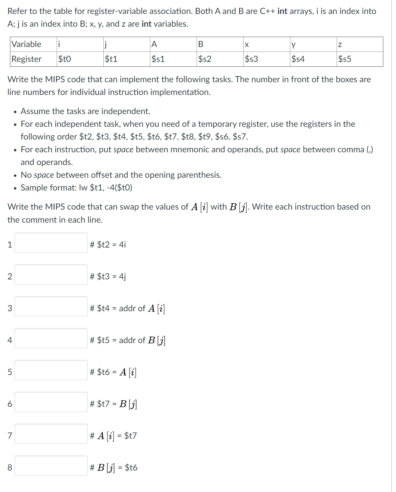 Refer to the table for register-variable association. | Chegg.com