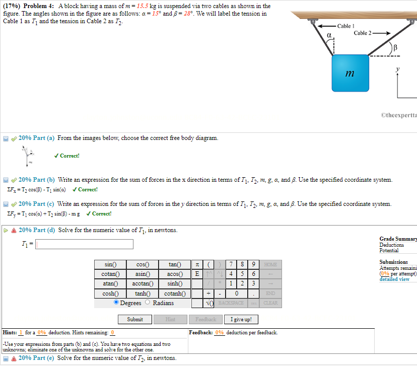 (17\%) Problem 4: A block having a mass of m=15.5 kg | Chegg.com