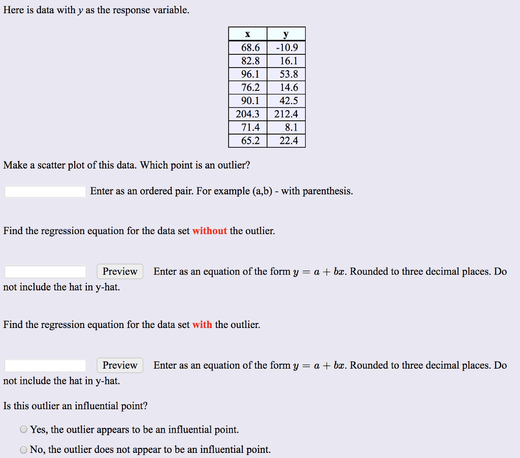 Solved Here is data with y as the response variable. | Chegg.com