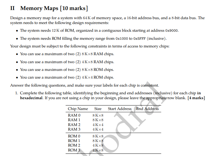 II Memory Maps [10 marks] Design a memory map for a | Chegg.com