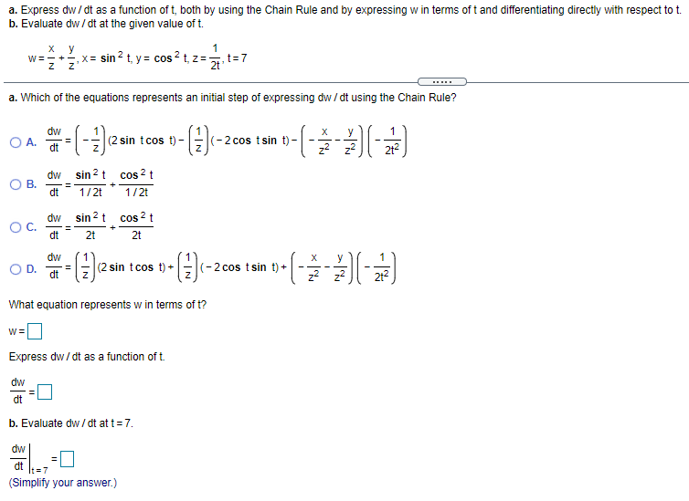 Solved a. Express dw/dt as a function of t, both by using | Chegg.com