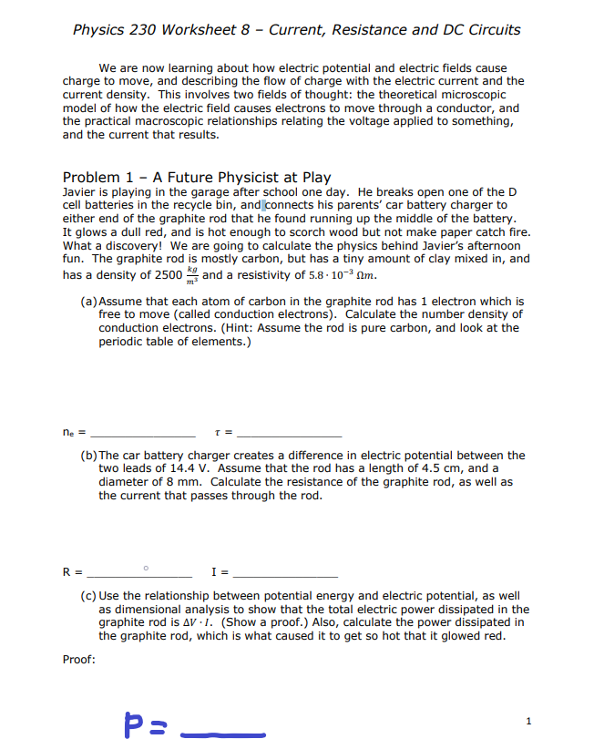 Solved Physics 230 Worksheet 8 - Current, Resistance and DC | Chegg.com